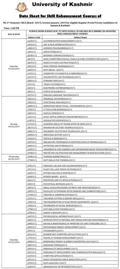 Ku Date Sheet For Skill Enhancement Courses Of Bg 3rd Semester Batch
