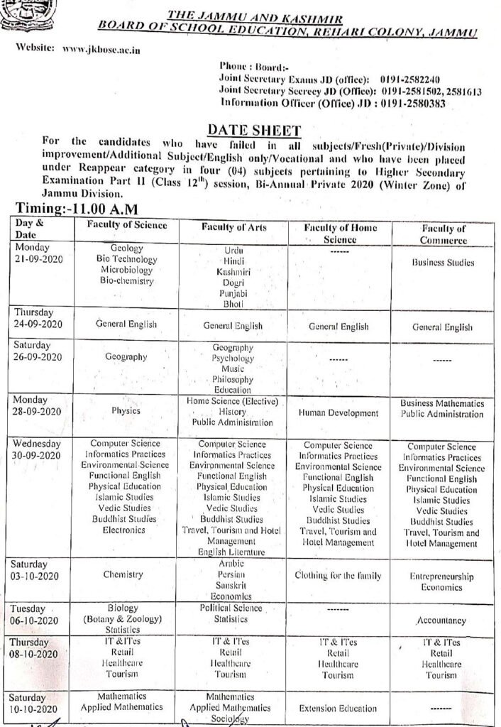 JKBOSE Date Sheet of Class 12th Bi-Annual Private 2020 for Jammu