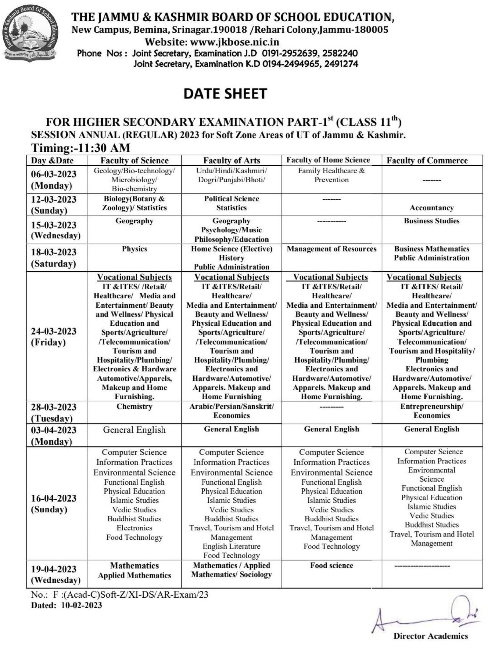 JKBOSE Date Sheet for Class 10th, 11th & 12th (Soft Zone) 2023
